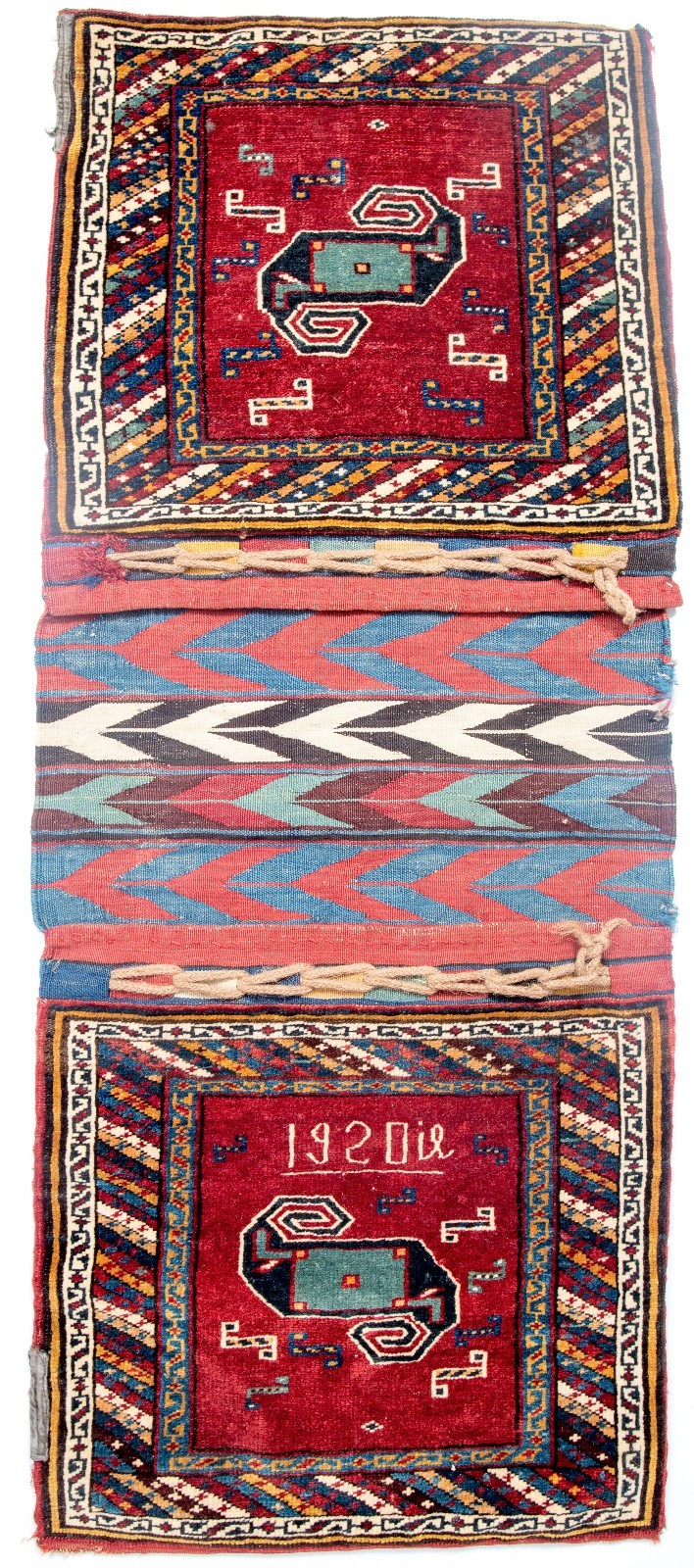 A FANTASTIC ANTIQUE ARMENIAN PINWHEEL KAZAK INSCRIBED DATED SADDLE BAG ...