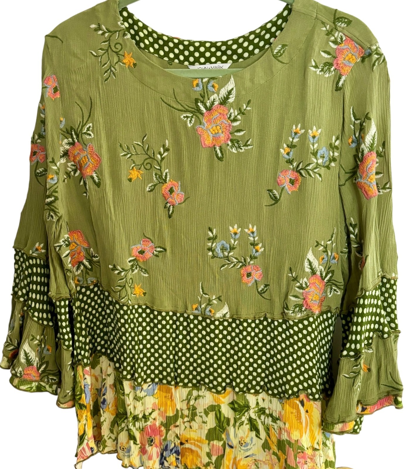 John Mark Green Floral Embroidered Tunic Top Bell Sle… - Gem