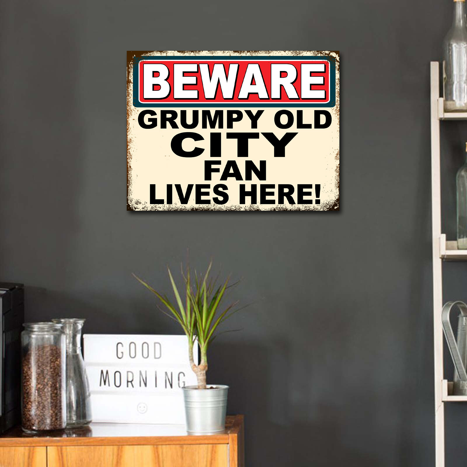 Metal Sign Plaque Beware Grumpy Old City Fan Lives Here Man Cave Bar ...