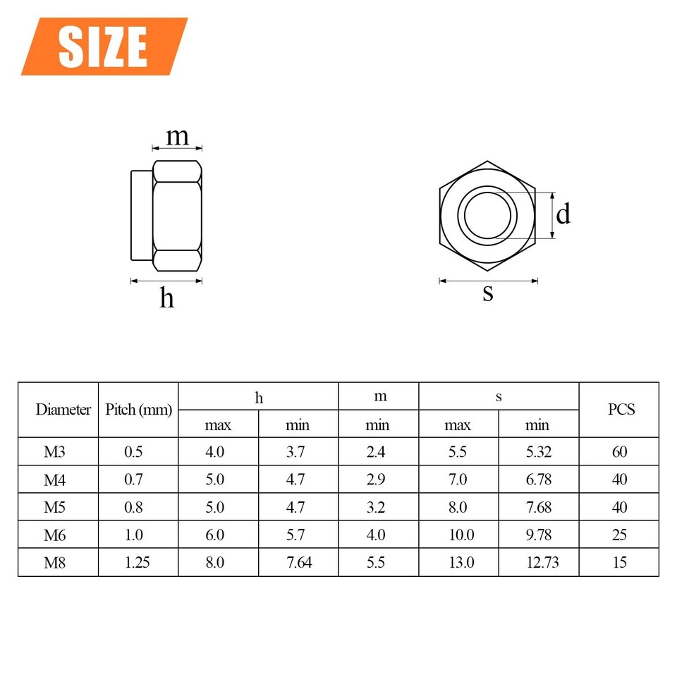 180PCS Nylon Insert Hex Lock Nuts, M3 M4 M5 M6 M8 Sizes 304 Stainless ...