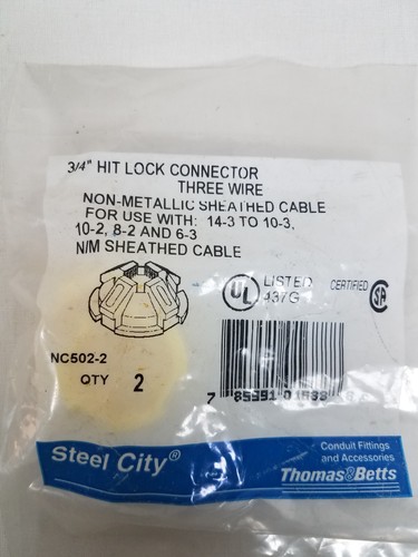 100 Steel City Thomas & Betts NM Cable #14/3 -#10/3 3/4" Hit Lock ...