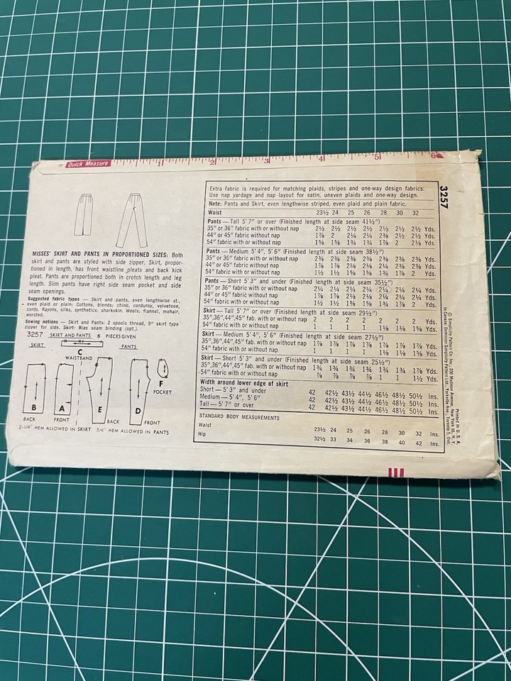 Simplicity Adj. Height Sew Pattern 3257 Skirt Pants Rare Vtg Sz 16 ...