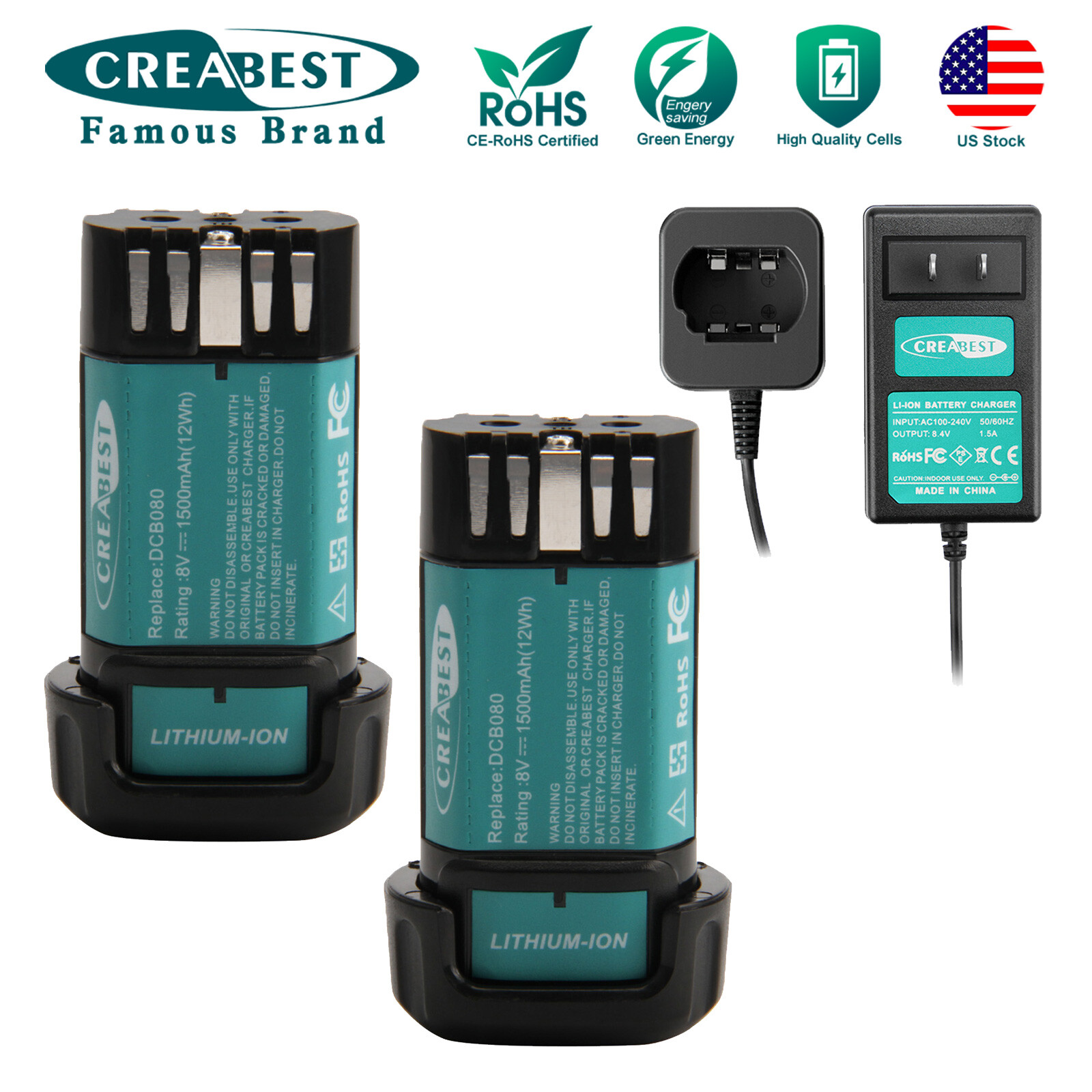 8V 1500mAh Battery/Charger For Dewalt DCB080 DCF680N1 DW4390 DCF680N2 ...
