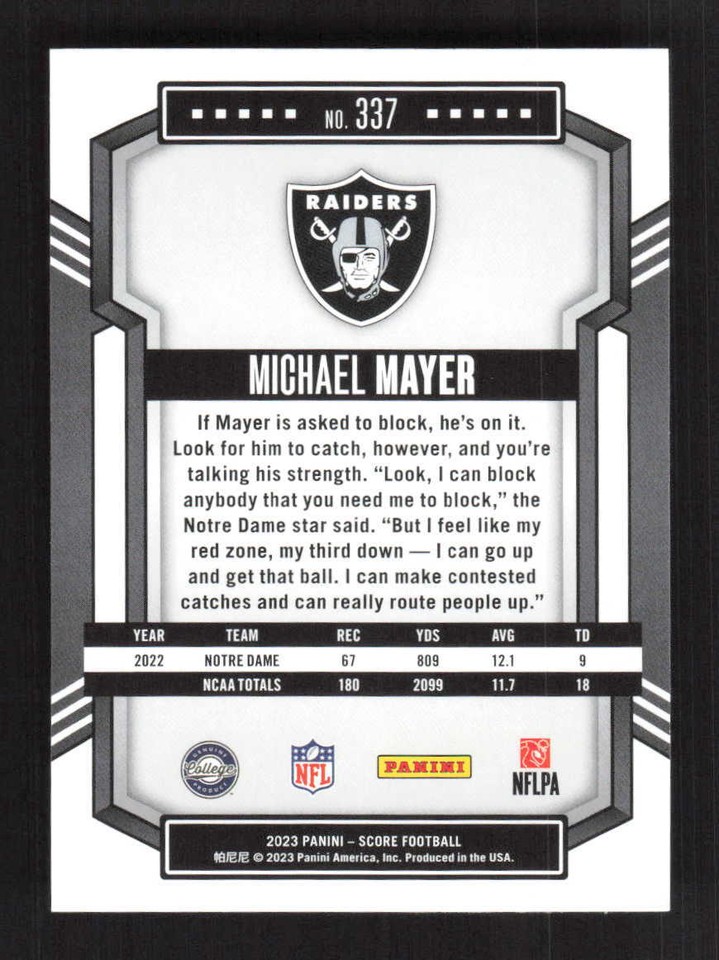 Michael Mayer RC 2023 Panini Score Las Vegas Raiders #337 | eBay