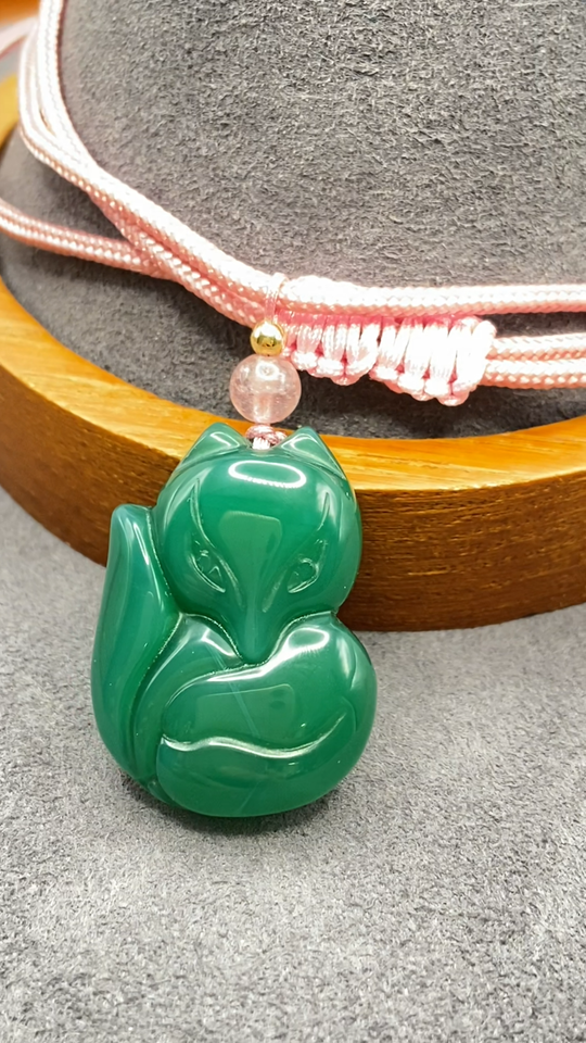 Jade Clever Fox Charm Pendant Necklace W/ Beads Cord Handmade Carved ...