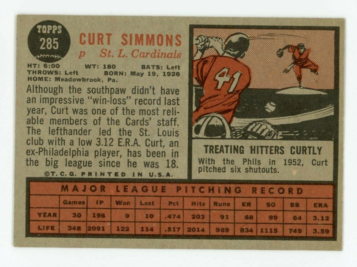 1962 Topps - Curt Simmons #285 for sale online | eBay