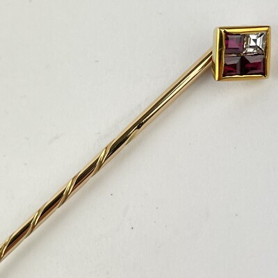 Vintage 18ct Tested Yellow Gold Princess Cut Diamond & Ruby Stick Pin ...