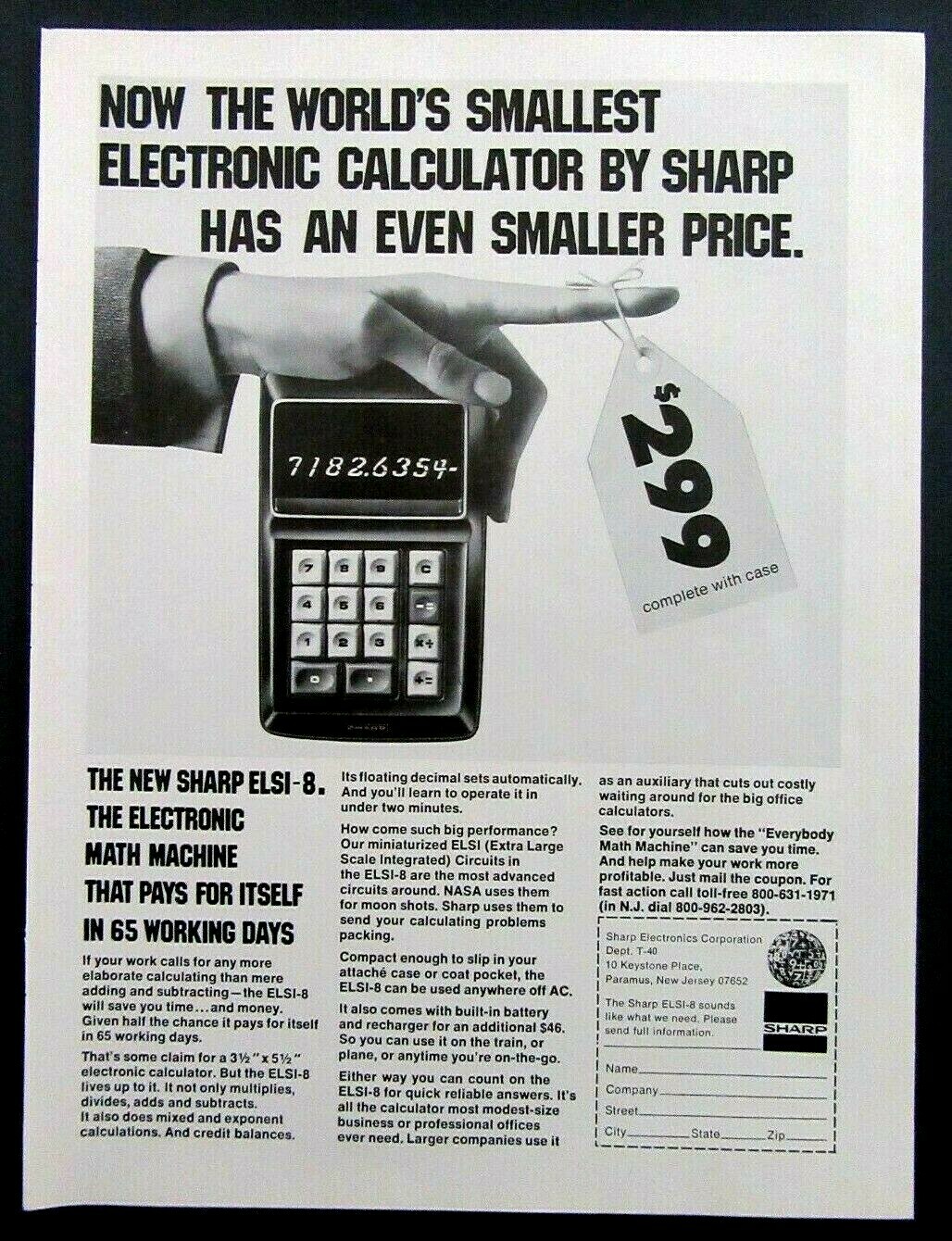 1971 SHARP ELSI-8 Electronic Calculator Magazine Ad - Worlds Smallest ...
