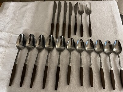 Interpur Stainless Japan 18 Piece Lot Silverware Flatware Faux Wood ...