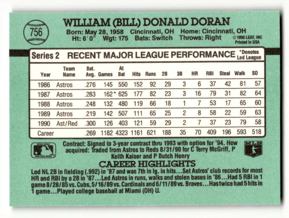1991 Donruss #756 Bill Doran Cincinnati Reds Baseball Cards NM Near ID ...