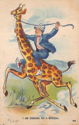 MAN RIDING GIRAFFE COMING ON A SPECIAL OXFORD MICHIGAN COMIC POSTCARD ...
