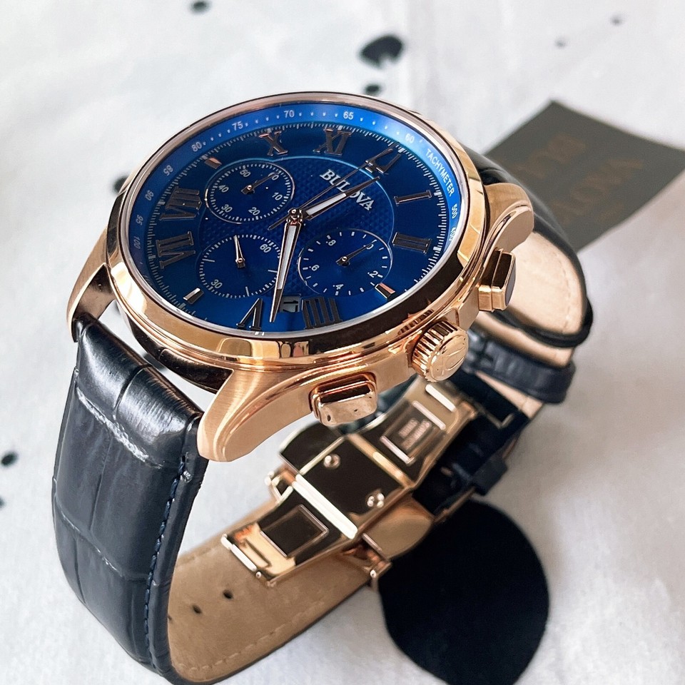 Bulova 97B170 Wilton 46.5mm Bule Dial Leather Strap Classic Quartz Men ...