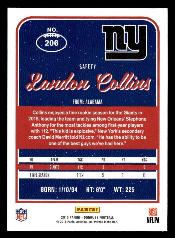 2016 Donruss #206 Landon Collins Card New York Giants | eBay