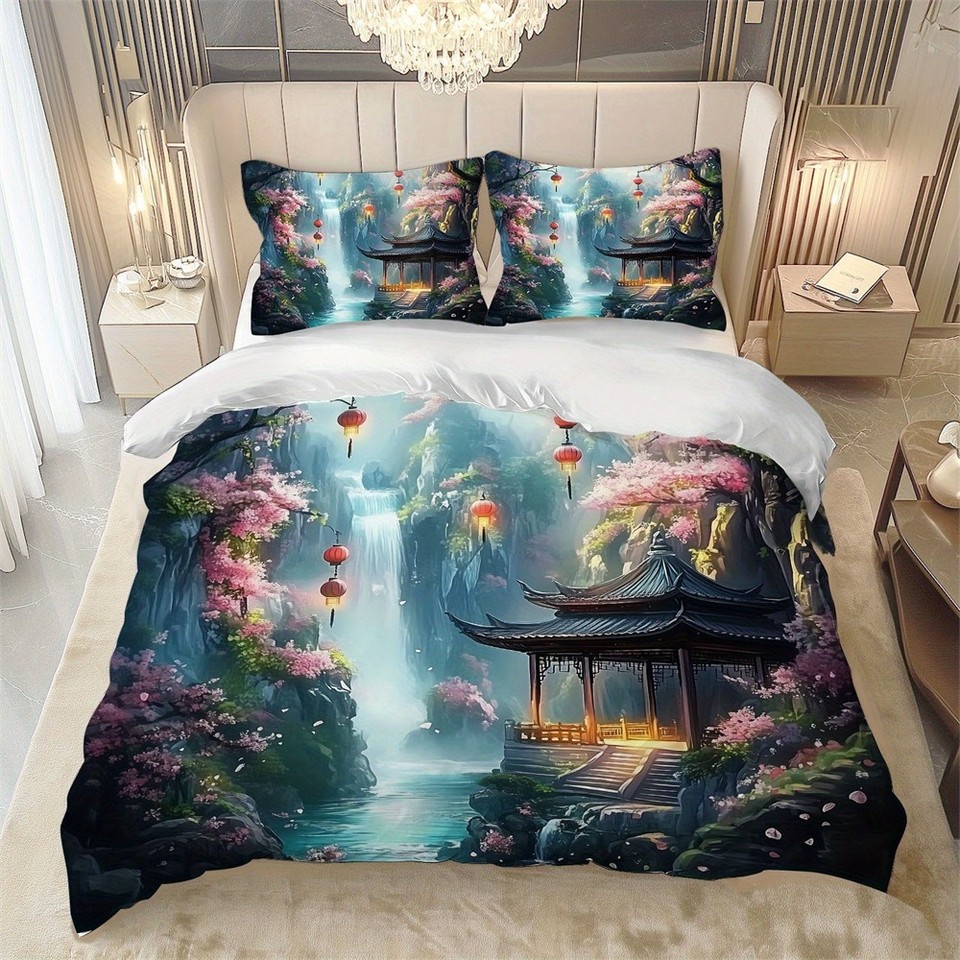 Waterfall Flower Pavilion Duvet Cover Pillowcase Single Double King ...