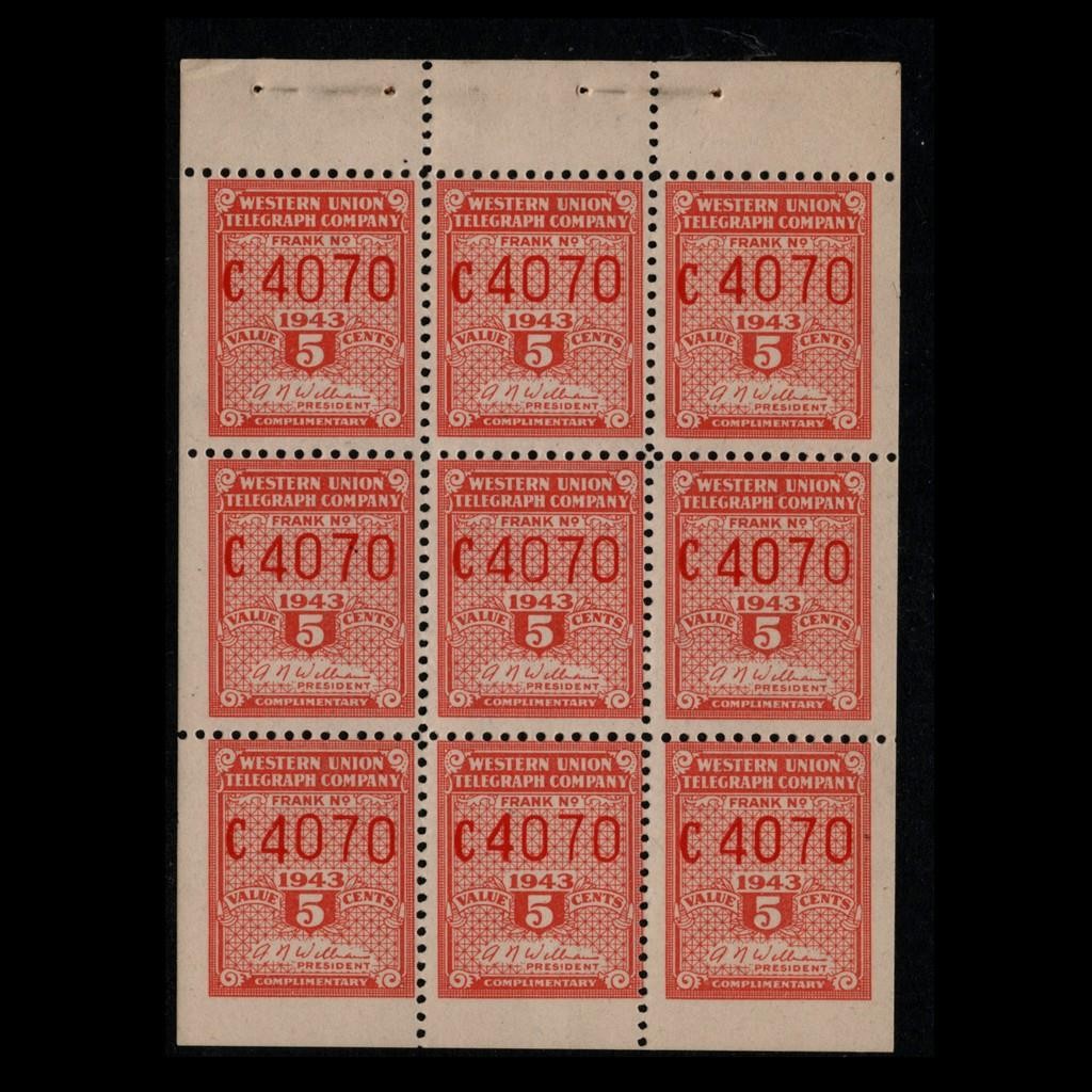 16T108 TELEGRAPH 5c Salmon WESTERN UNION Full Pane MNH SEE PHOTOS Lot ...