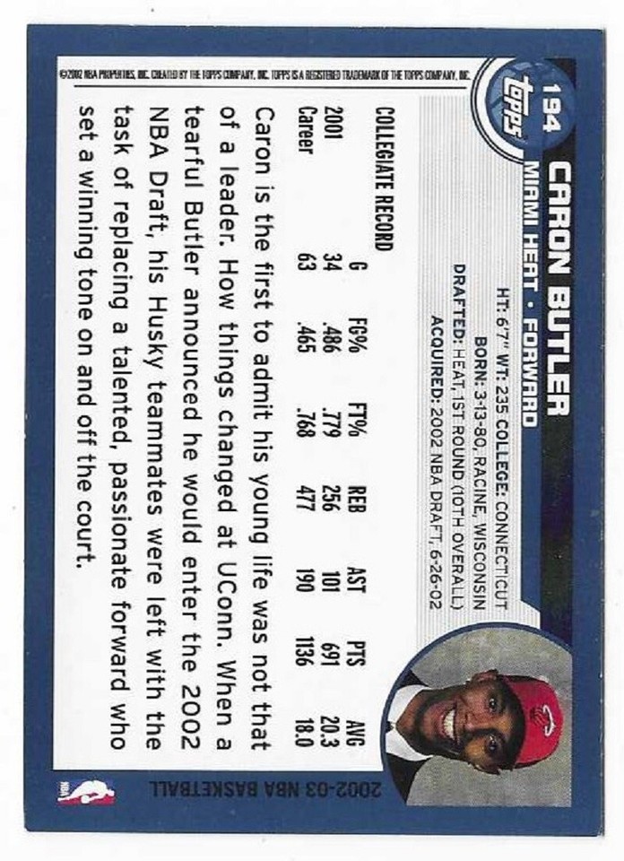 CARON BUTLER 2002-03 Topps Basketball RC # 194 Miami Heat Rookie NM ...