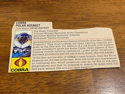1985 GI Joe Snow Serpent file card ARAH vintage | eBay