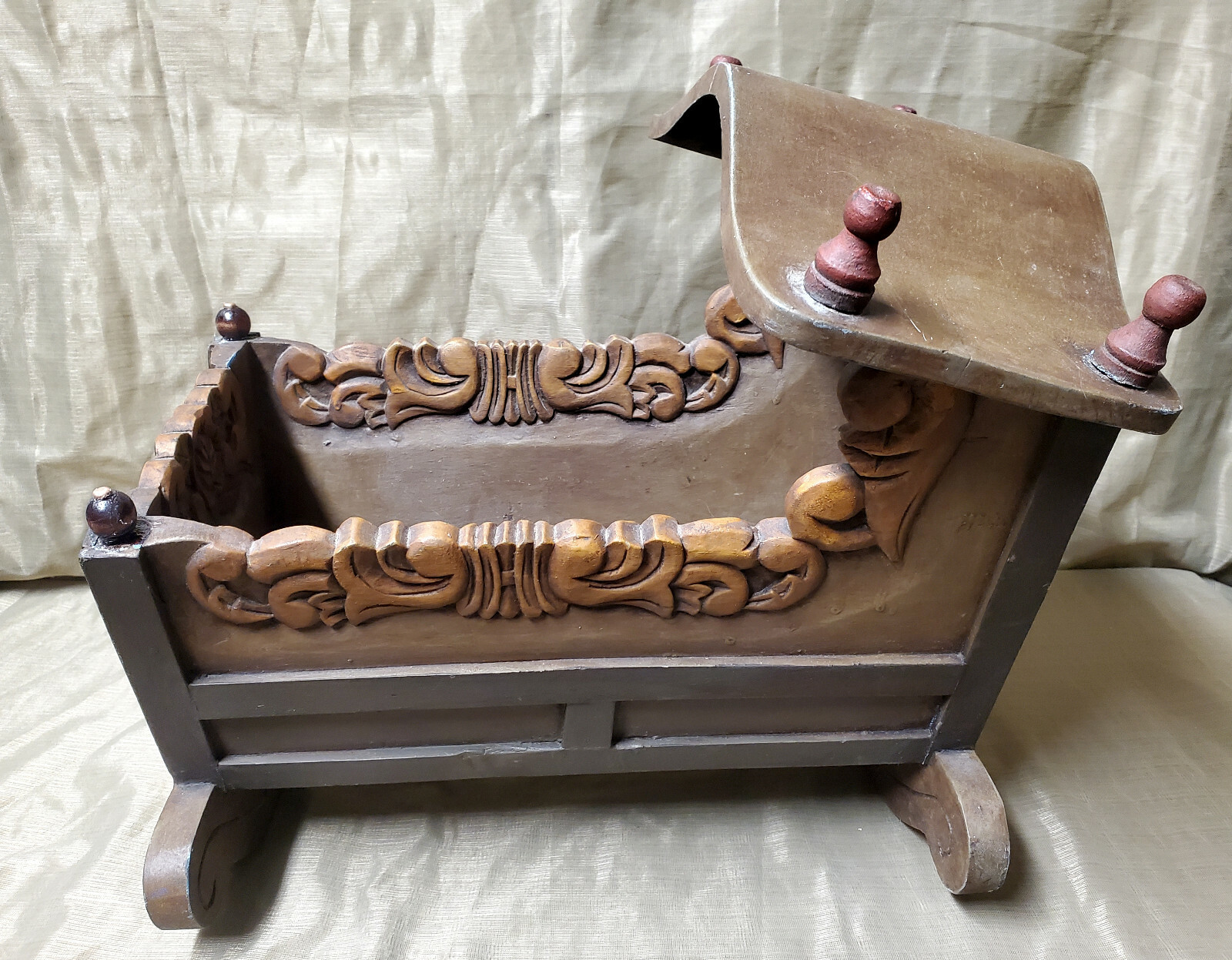 Vintage Carved Wood Baby Doll Cradle Handmade Rustic Rocker Crib Folk ...