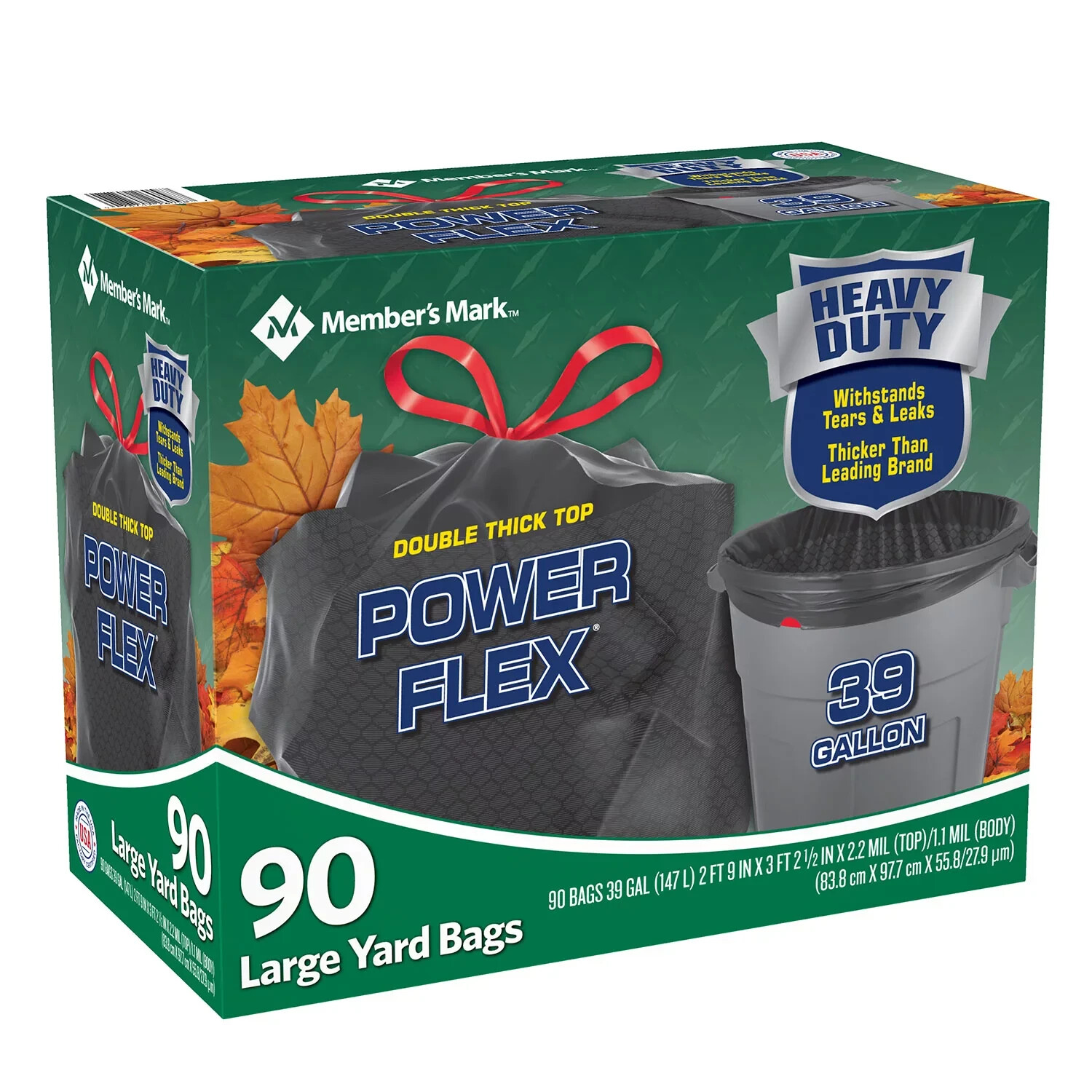 Member's Mark 39 Gallon Power Flex Drawstring Yard Trash Bags (90 ct ...
