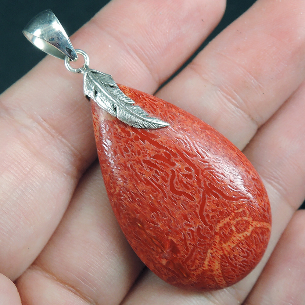 925 Sterling Silver Teardrop Shape Red Coral Pendant Hand Made Jewelry ...