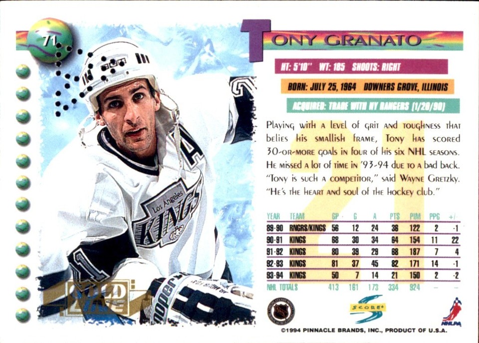 1994-95 Pinnacle Score Gold Line PUNCHED #71 Tony Granato LOS ANGELES ...