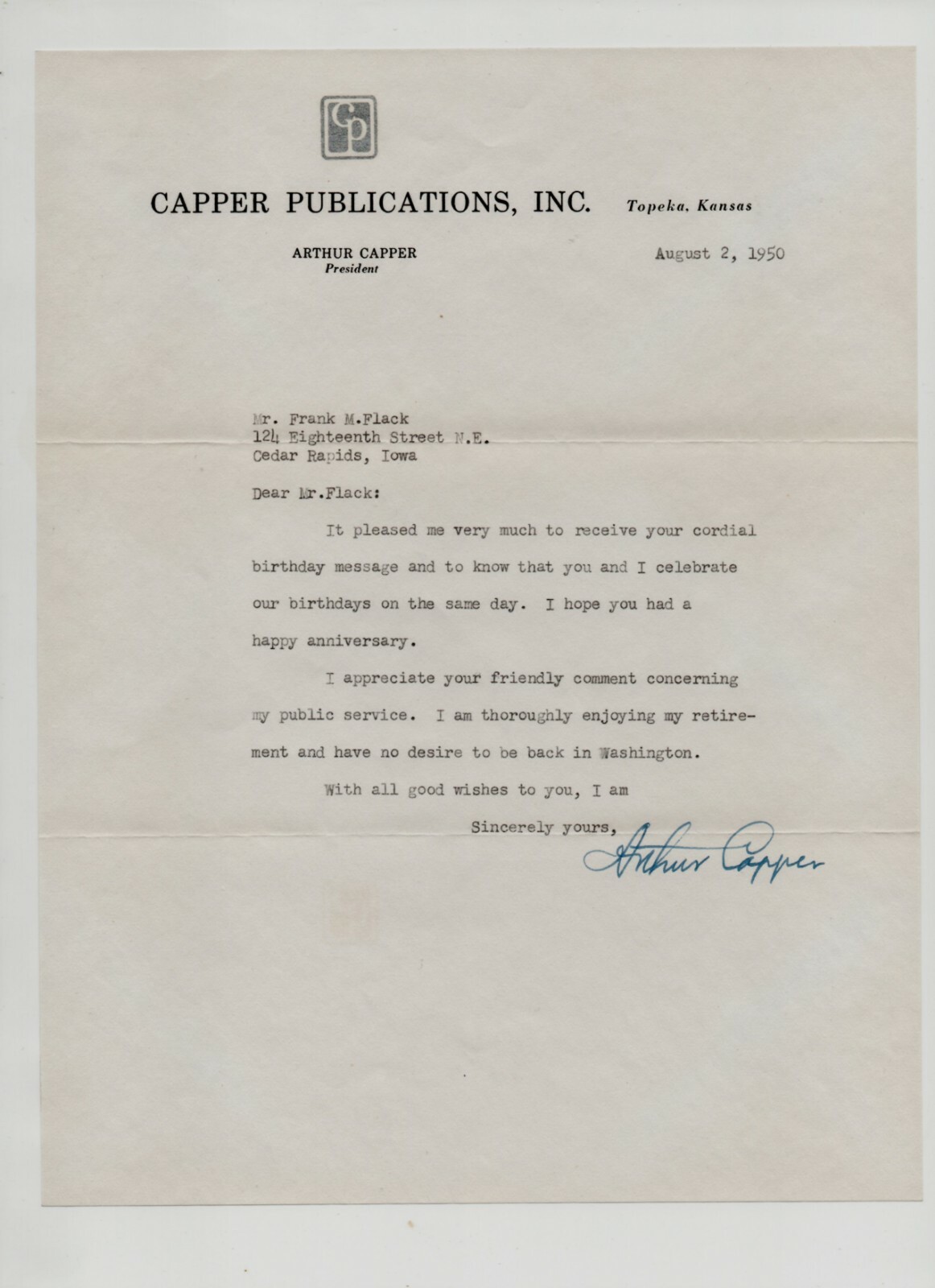 Kansas Governor Arthur Capper SIGNED 1950 letter by publisher of Capper ...