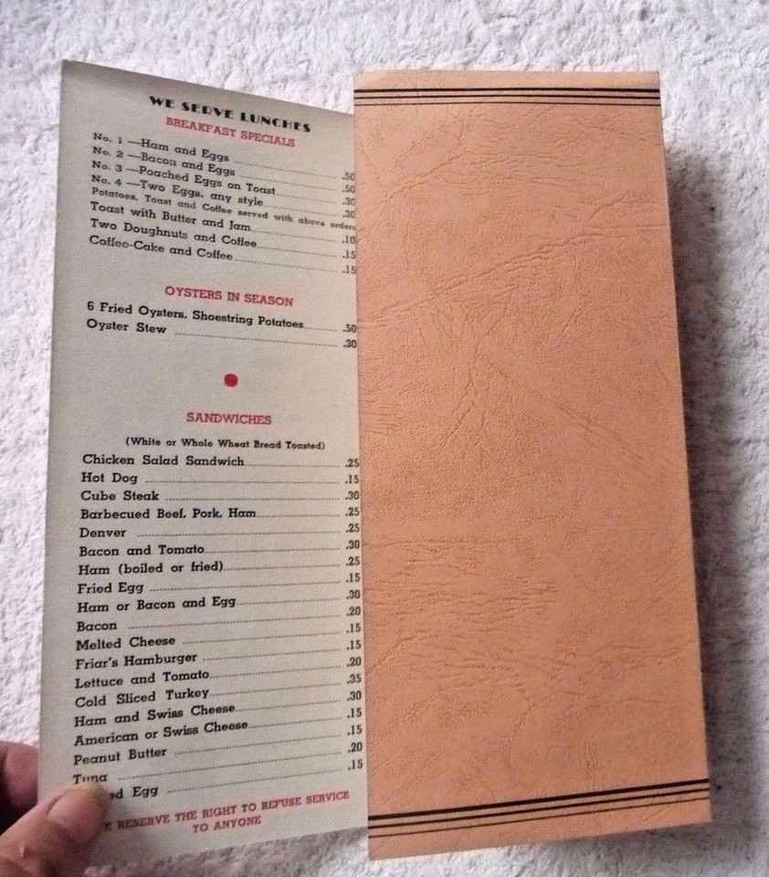 VINTAGE MENU FRIAR'S DRIVE IN CAR SERVICE 701 EAST OCEAN LONG BEACH CA ...