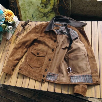 Mens Slim Vintage Style Casual American Wild West Jacket Suede Cowhide ...