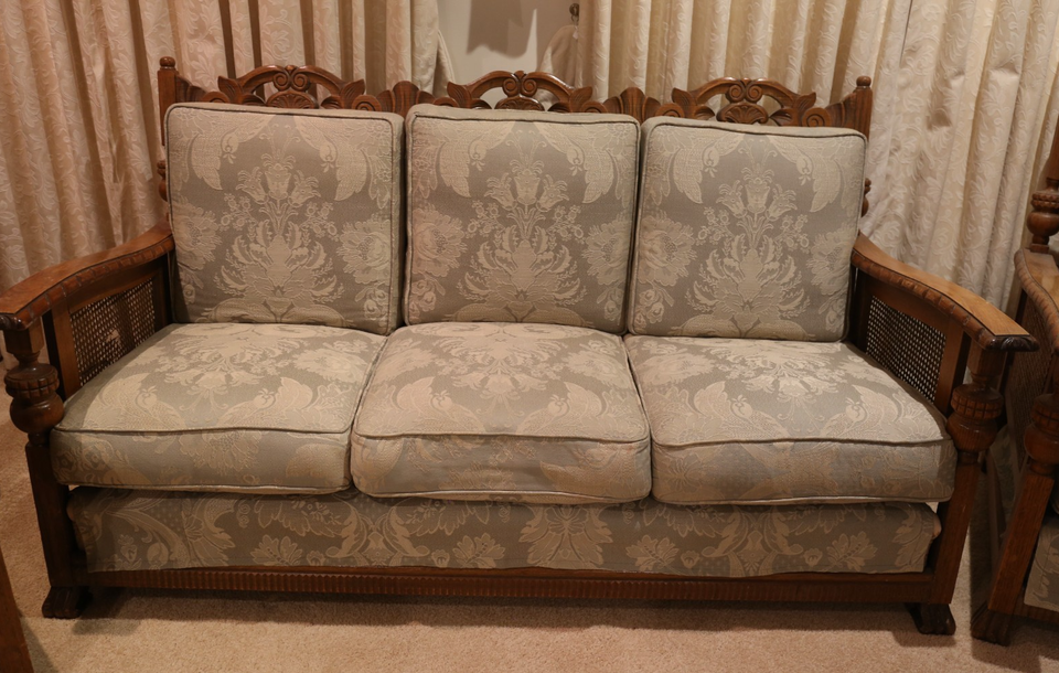 Beautiful antique Jacobean lounge suite 3 pce light oak jacquard fabric ...