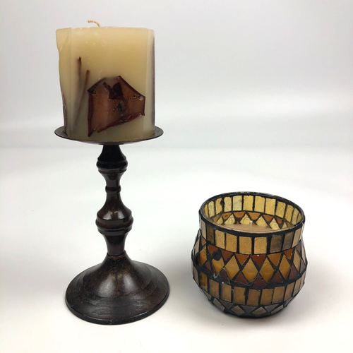 2 Unburned Fall Candles 9" Metal Holder w Candle & Stained Glass Holder ...