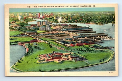 Baltimore MD Maryland Fort McHenry Aerial View Harbor Linen Postcard c ...