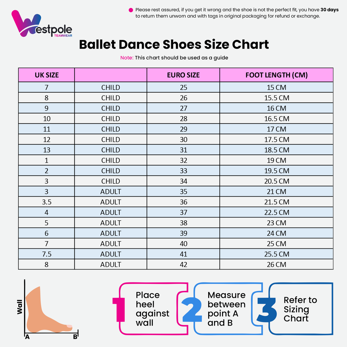 Ballet Pointe Shoes Size Chart