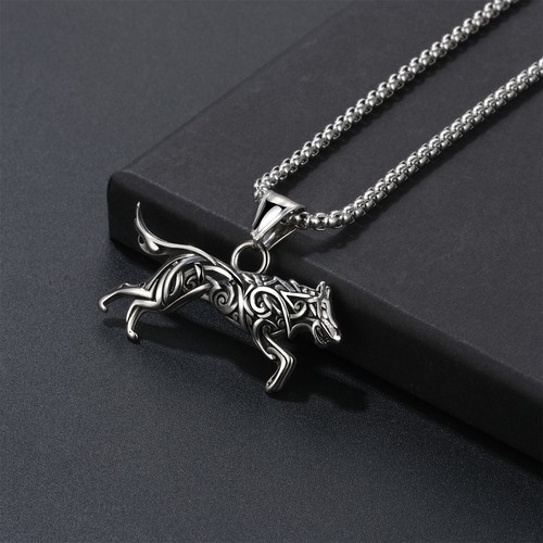 Mens Nordic Viking Wolf Necklace Stainless Steel 3D Fierce Running Wolf ...