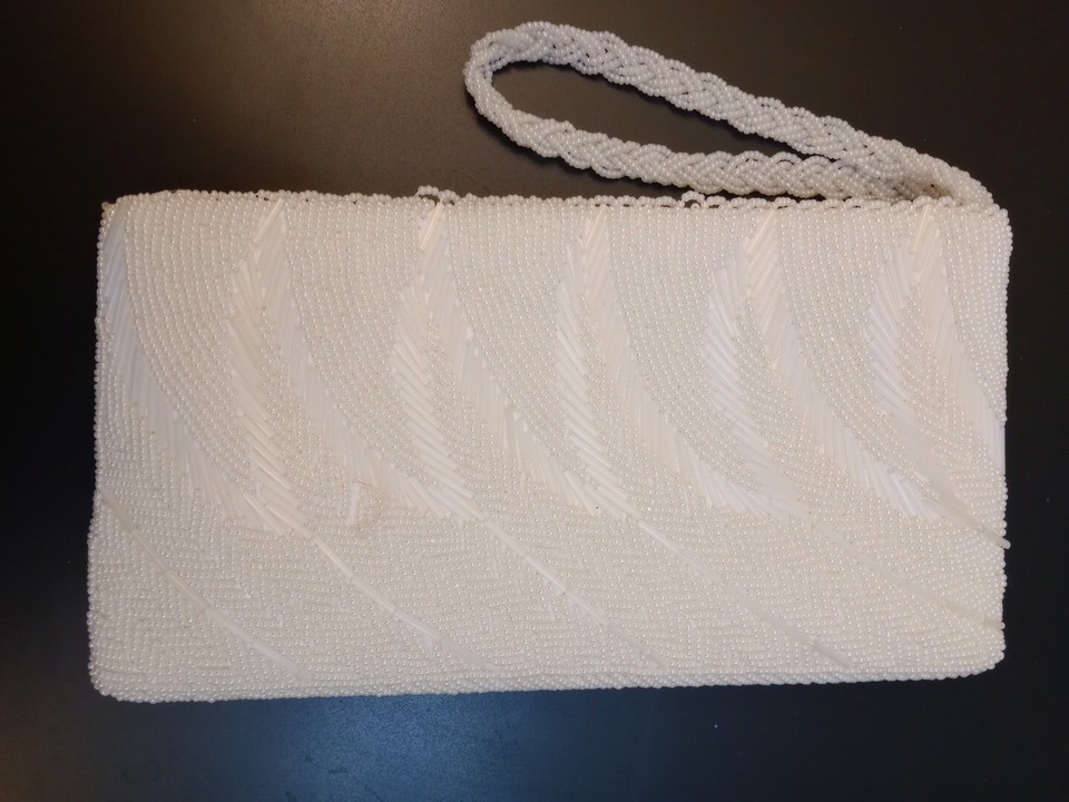 White Micro Beaded Clutch Wallet Purse Ladies Formal Prom Wedding Party ...