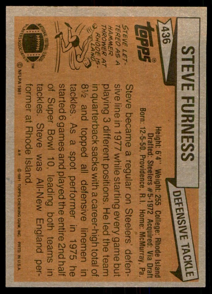 1981 TOPPS! STEVE FURNESS. PITTSBURGH STEELERS #436 | eBay