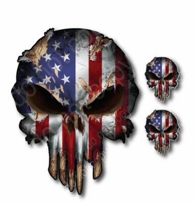 3 PACK USA AMERICAN FLAG SKULL STICKER DECAL CAR TRUCK WINDOW BUMPER ...