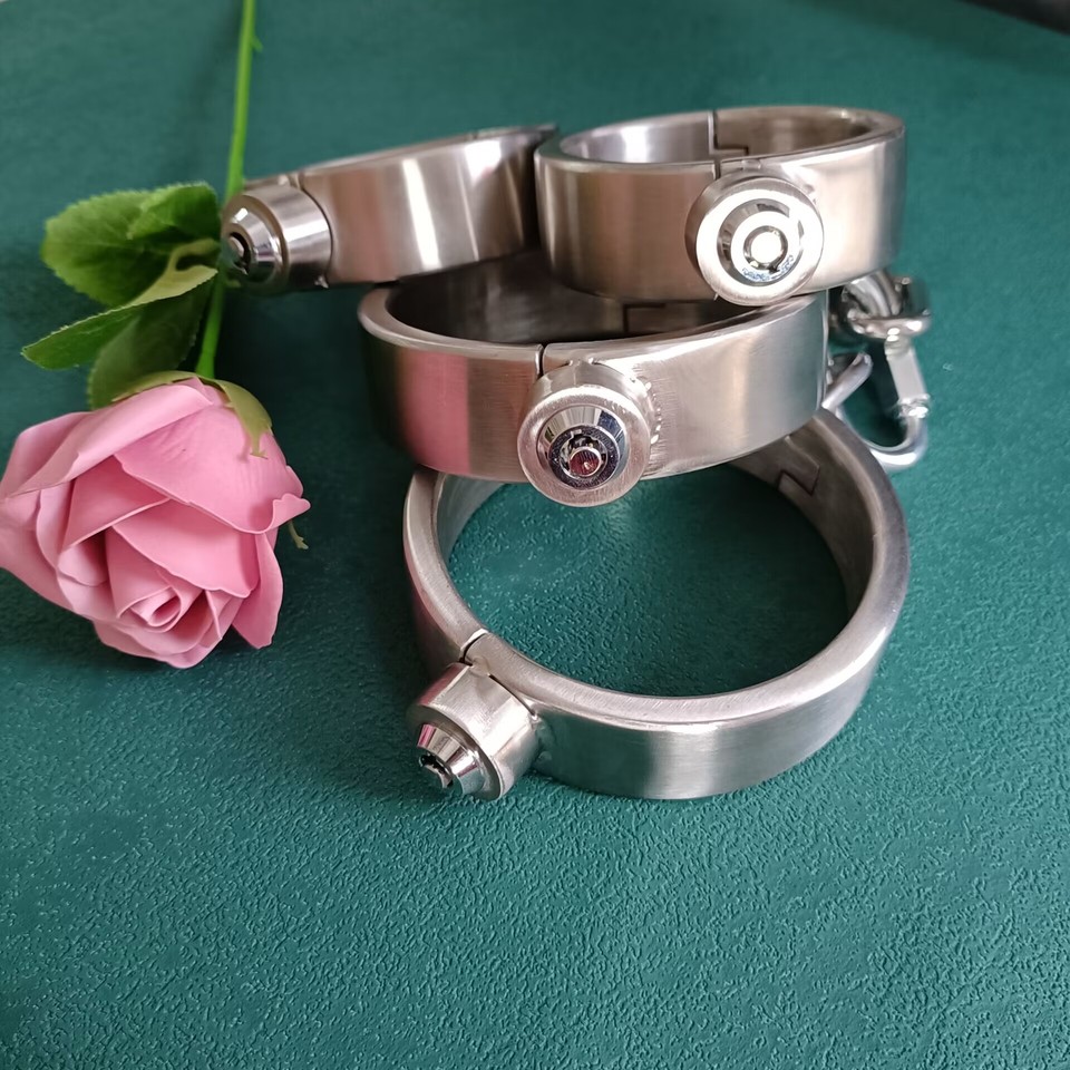 A Set Slave Stainless Steel Collar Wrist Cuffs Ankle Bondage Press Lock ...