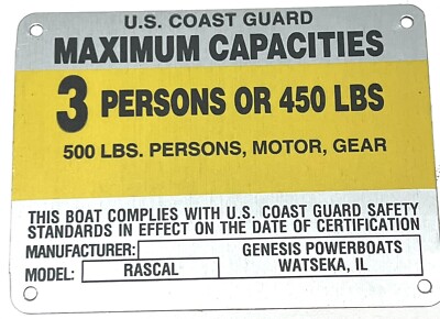 United Marine Corp Boat Capacity Plate~Tag 3 Person or 450 Lbs~Genesis ...