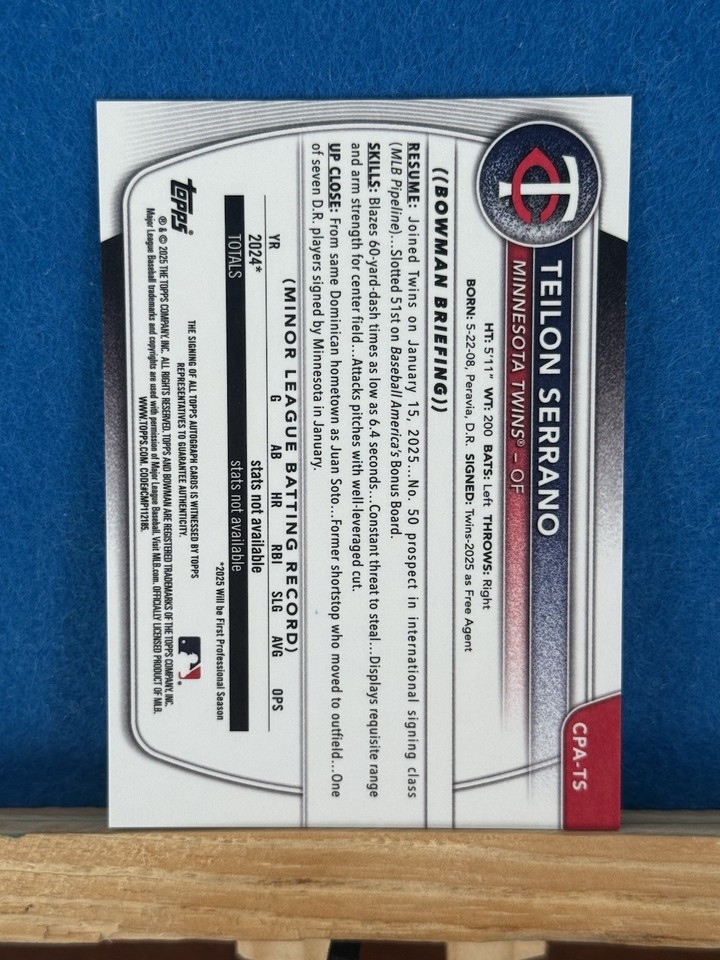 Teilon Serrano 2025 Bowman Chrome #CPA-TS ON CARD Auto “1st Bowman ...