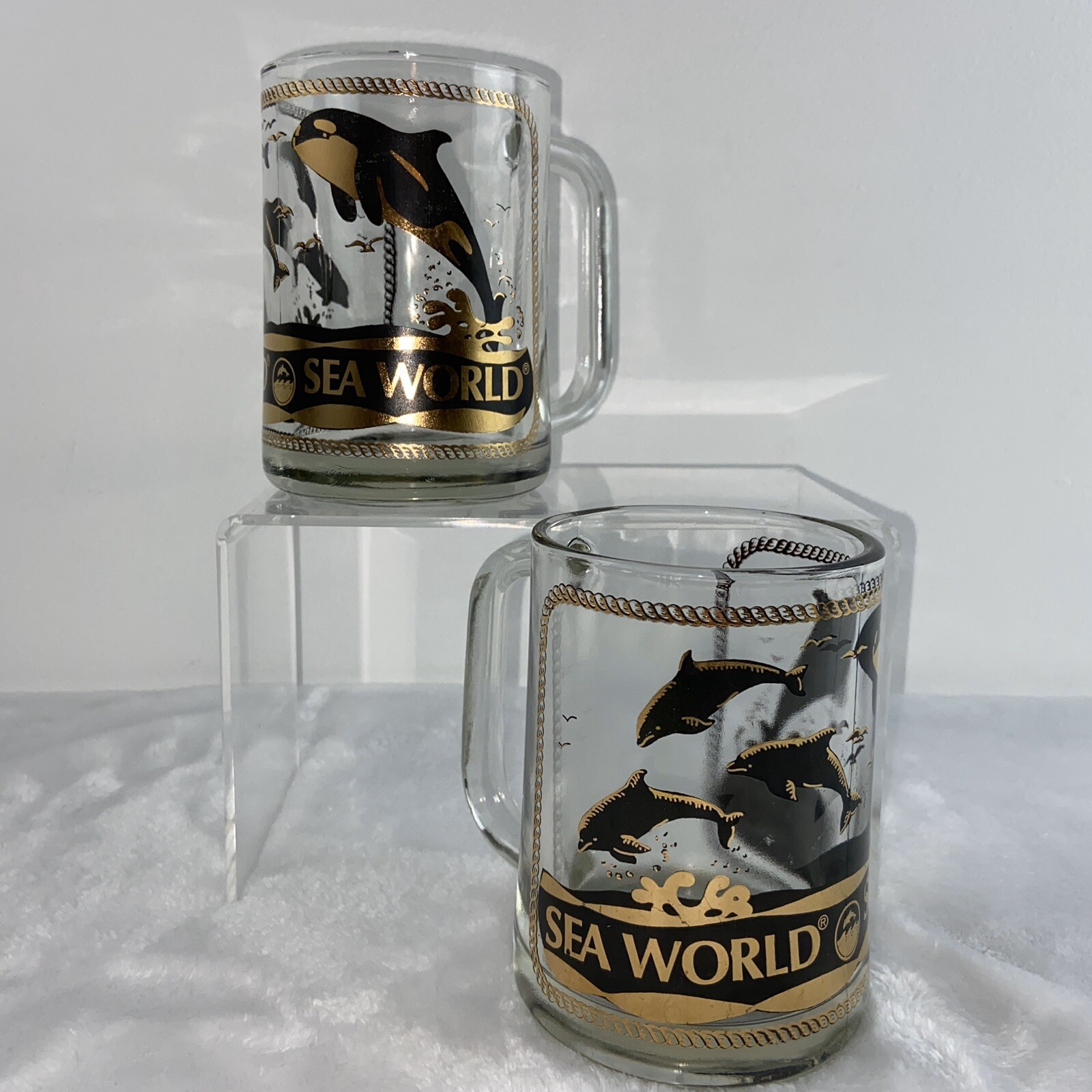 Vtg 80s Sea World Glass Mug Souvenir Coffee Mugs Cups Black Gold Foil ...