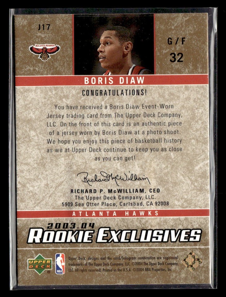 Boris Diaw 2003 Upper Deck Rookie Exclusives #J17 Jerseys Atlanta Hawks ...