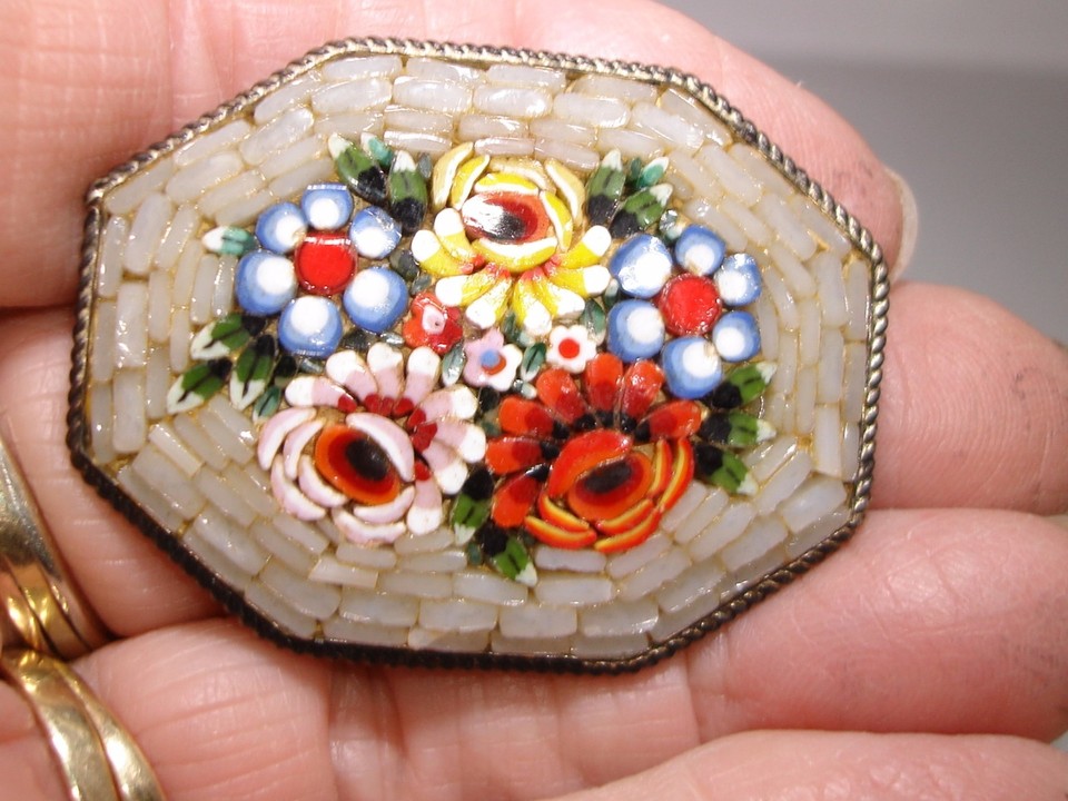 LARGE VINTAGE ITALY INLAID MOSAIC COLORFUL FLORAL PIN/BROOCH! | eBay
