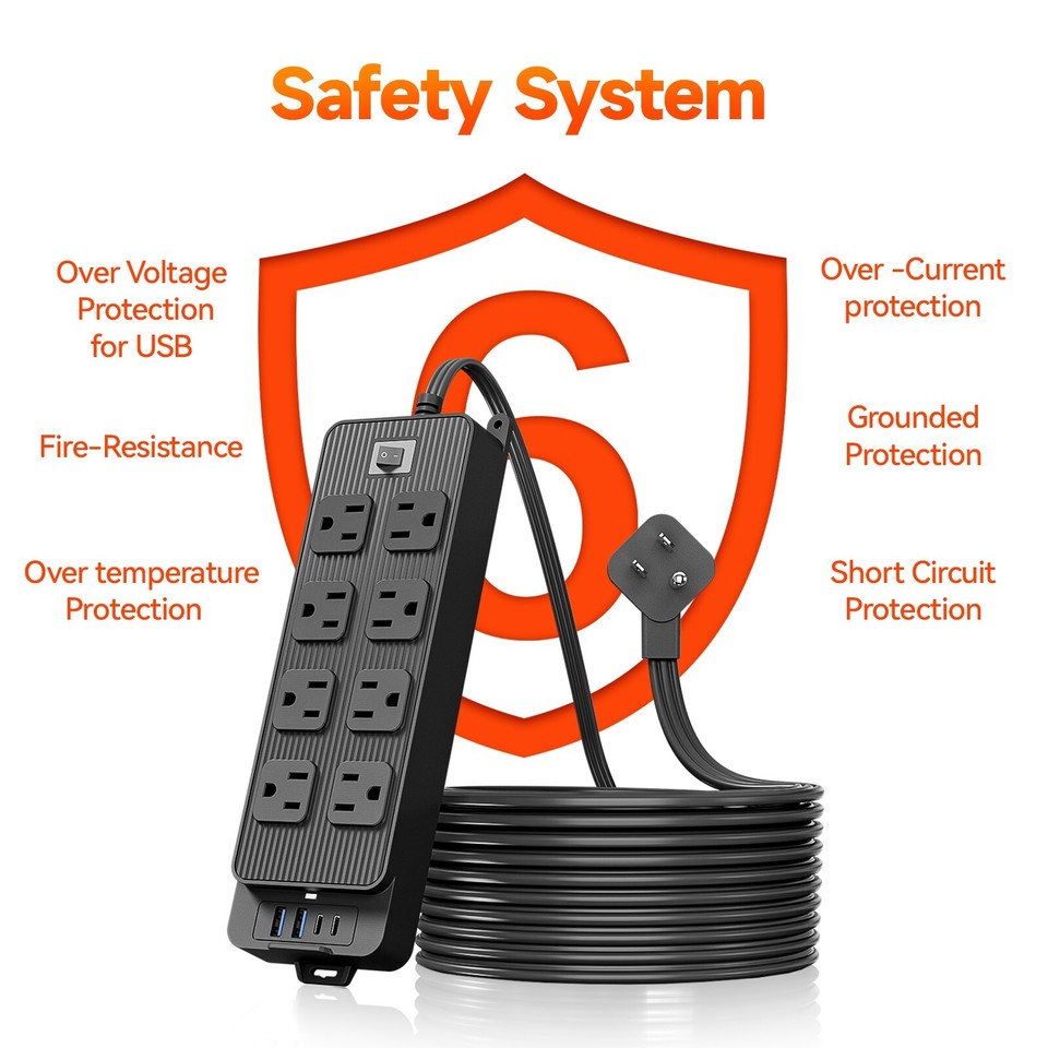 Flat Plug Power Strip: 8 Outlets, 4 USB (2A+2C), 5ft/10ft Cord for Home ...