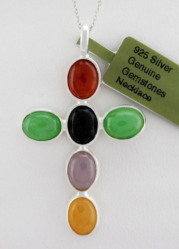GENUINE GEMSTONES CROSS PENDANT NECKLACE .925 Silver - New with Tag | eBay