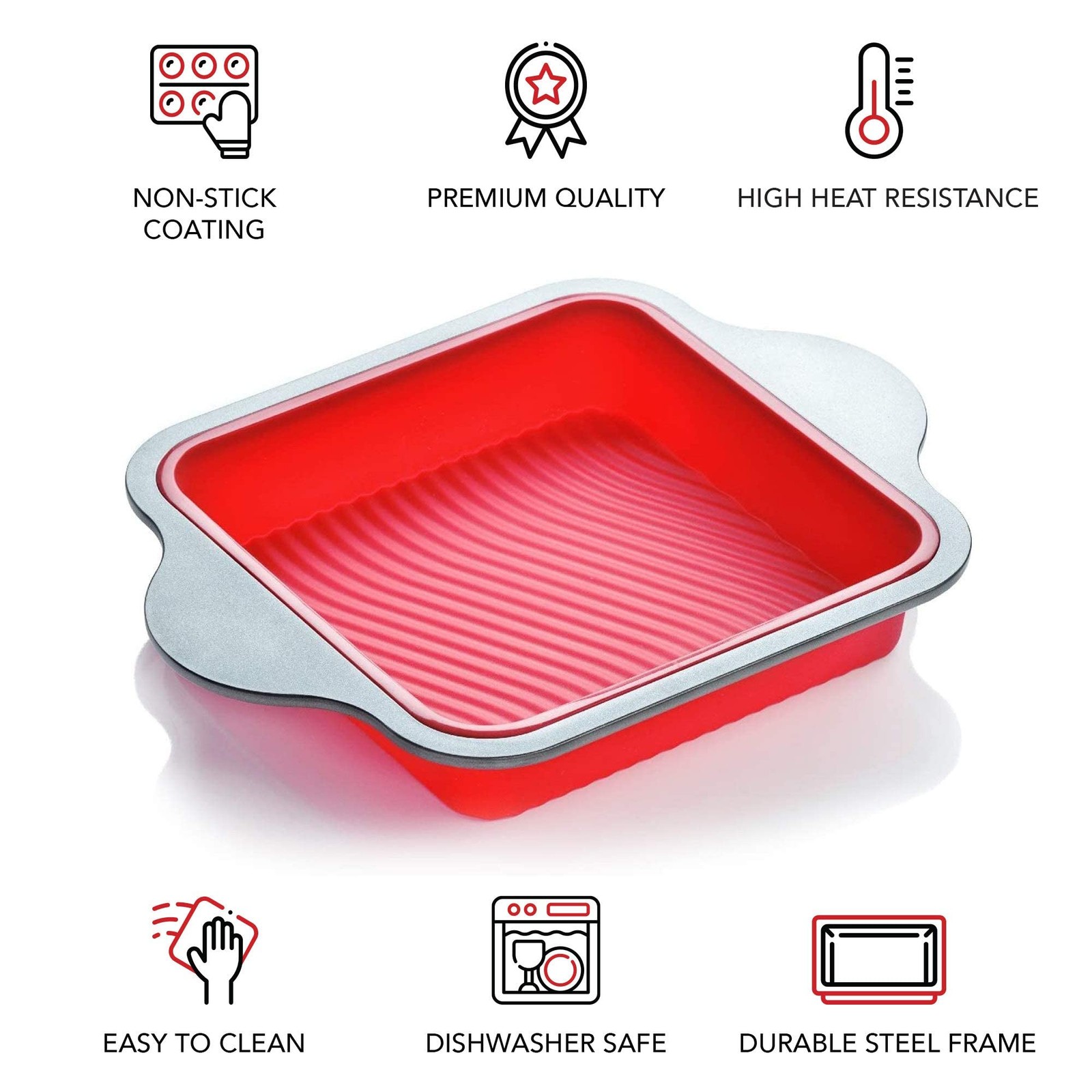 Red Non Stick Silicone Square Baking Pan with Steel Frame and Recipe ...