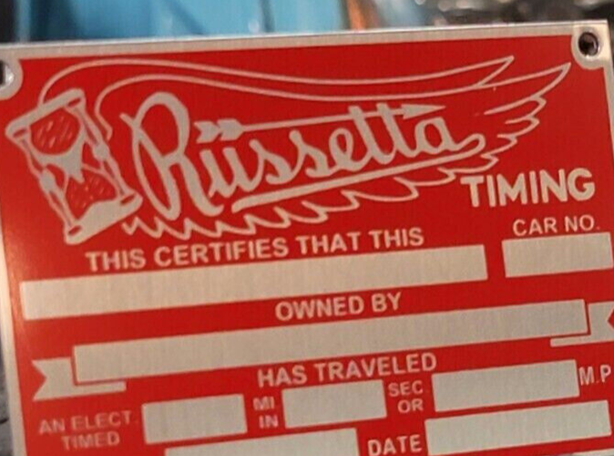 Vintage style RUSSETTA TIMING TAG Hot Rod Dry Lakes RACING Ford ...