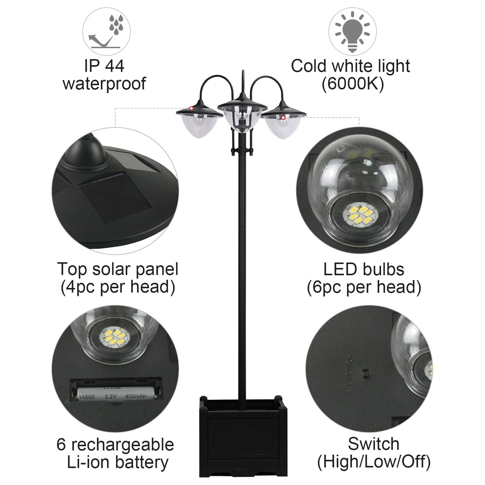 3-head LED Solar Light Lamp Street Light Post with Planter Base, Black ...