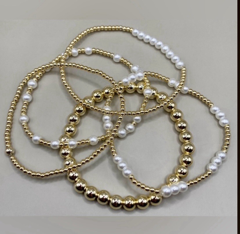 Gold (14K) Filled/ Pearl Bracelet Stacks; Set Of 5; Sweat & Waterproof ...