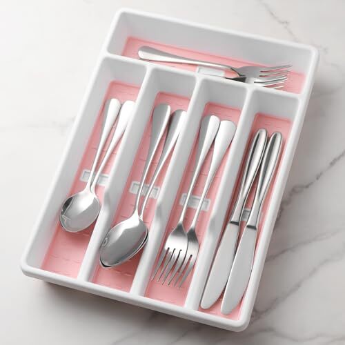 Silverware Organizer with Cutlery Icons，Pink Kitchen Silverware Tray ...