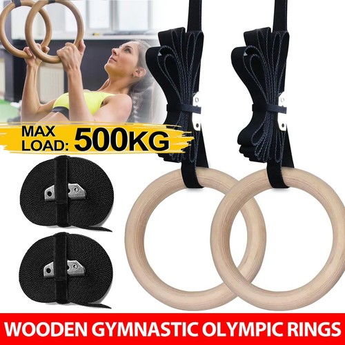 Wooden Gymnastic Olympic Rings Crossfit Gym Pro Straps Fitness Strength ...